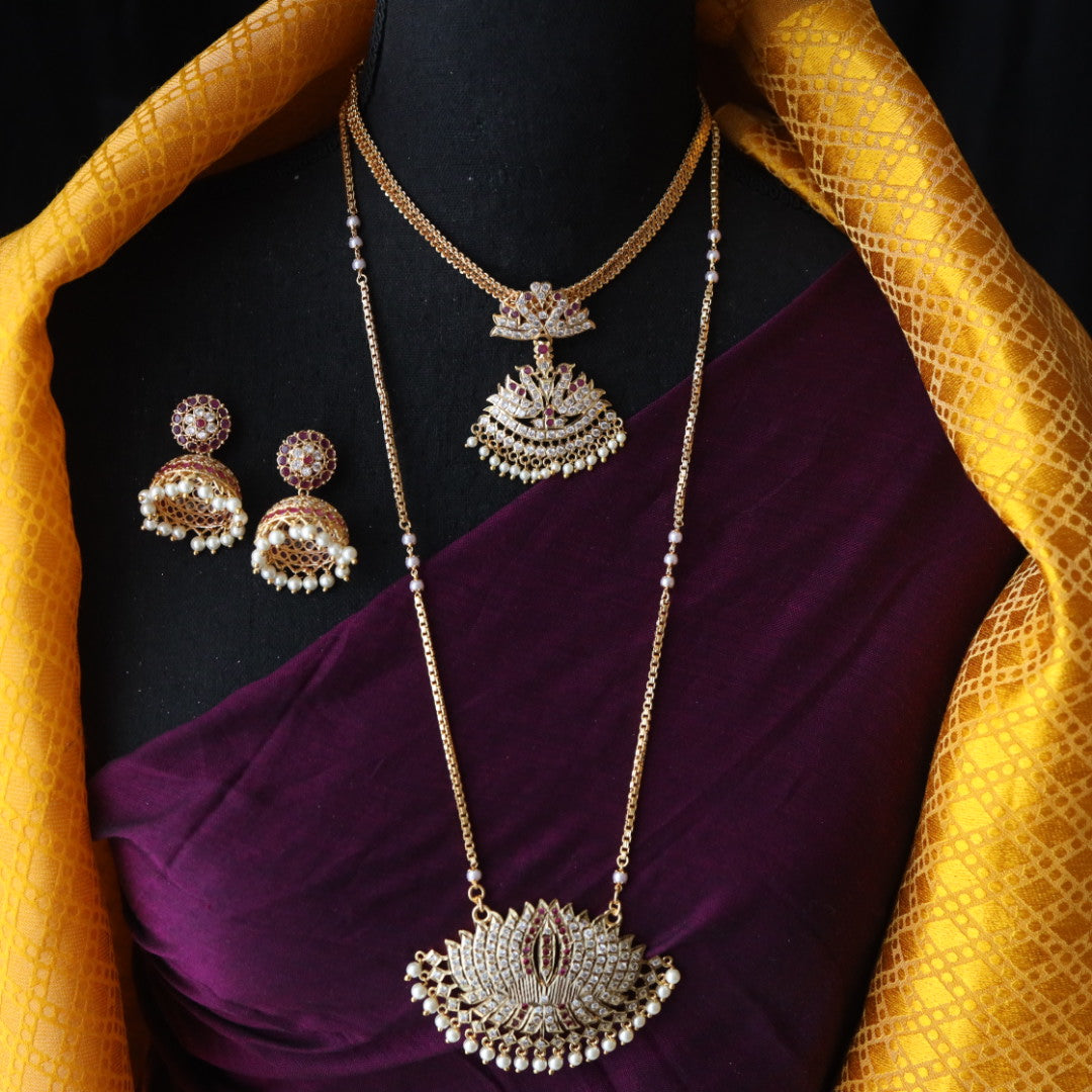 Heritage gold plated ruby white stone and pearl Padakam necklace set w ...